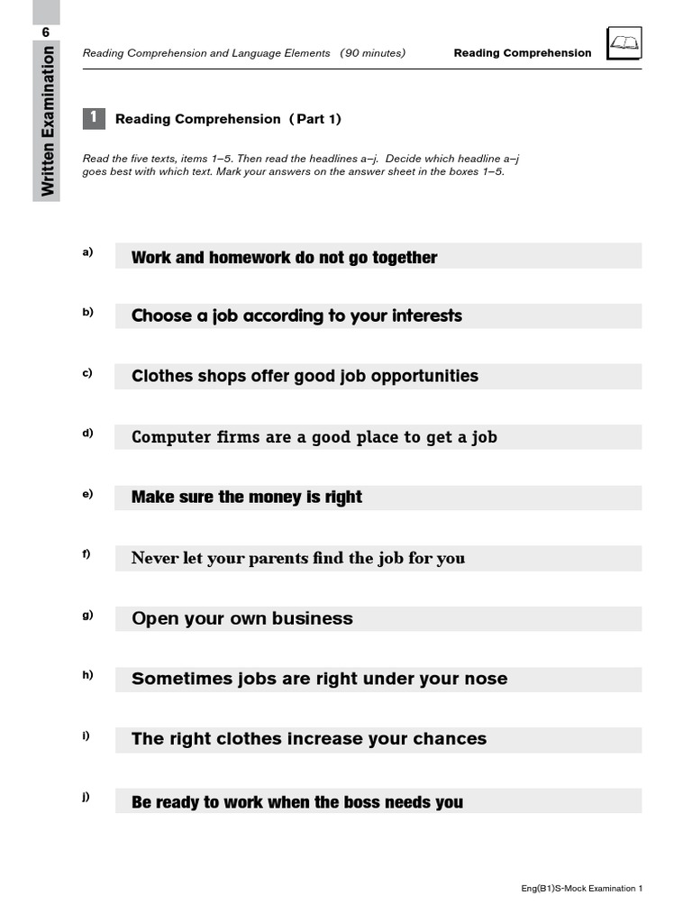 B1 Reading Comprehension Mock Exam | PDF
