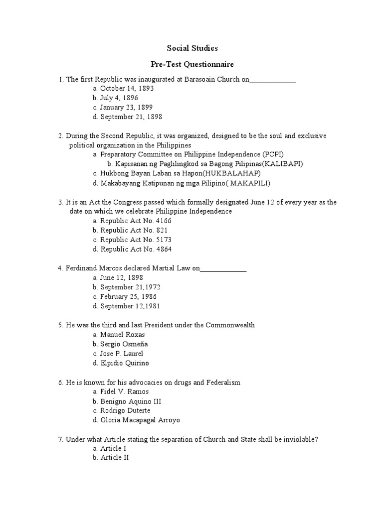 Philippine History Pre-Test Questionnaire | PDF