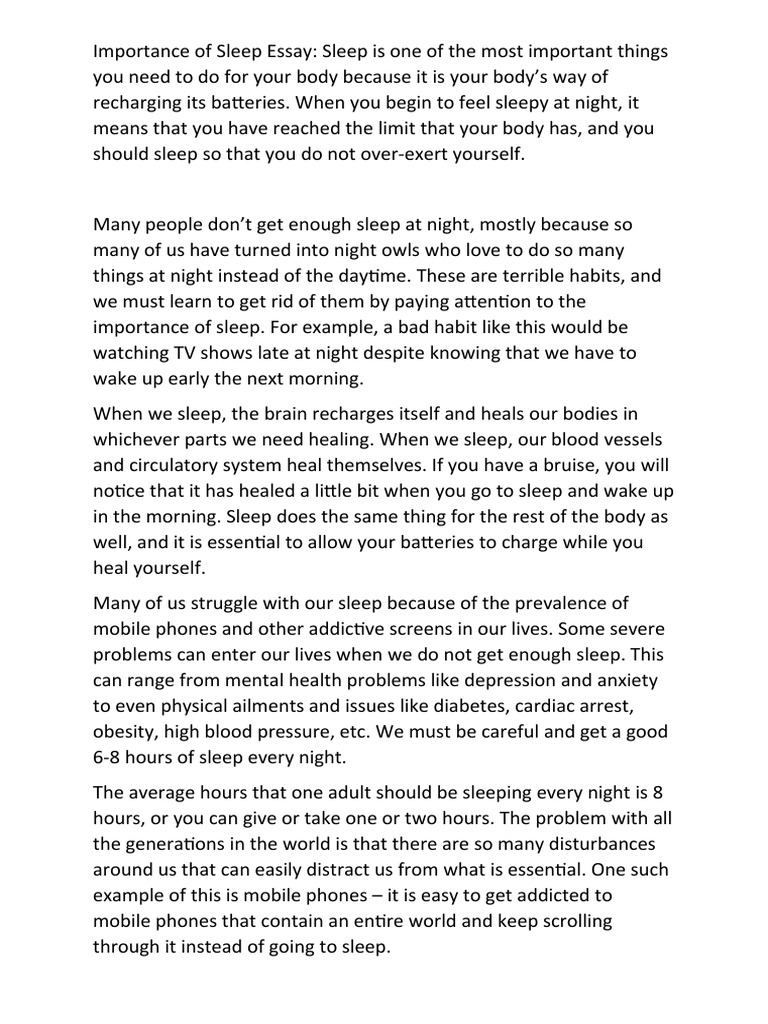Importance of Sleep Essay | Download Free PDF | Sleep | Mental Disorder