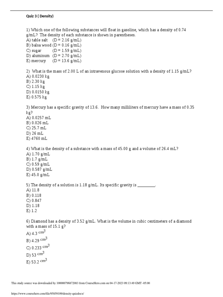 Density Quiz PDF | PDF