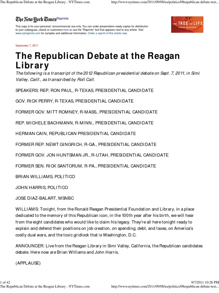 2011 Reagan Library Debate Transcript | PDF | Mitt Romney | American ...