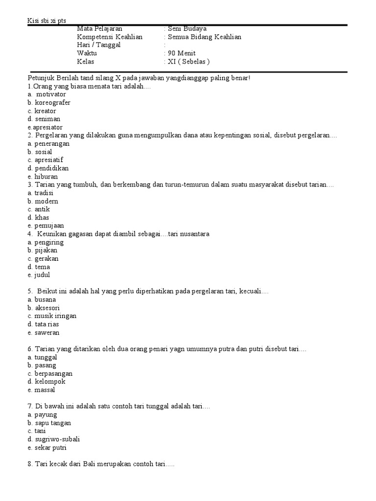 Kisi PTS GNP Xilembar Soal SBK Xi 23 | PDF