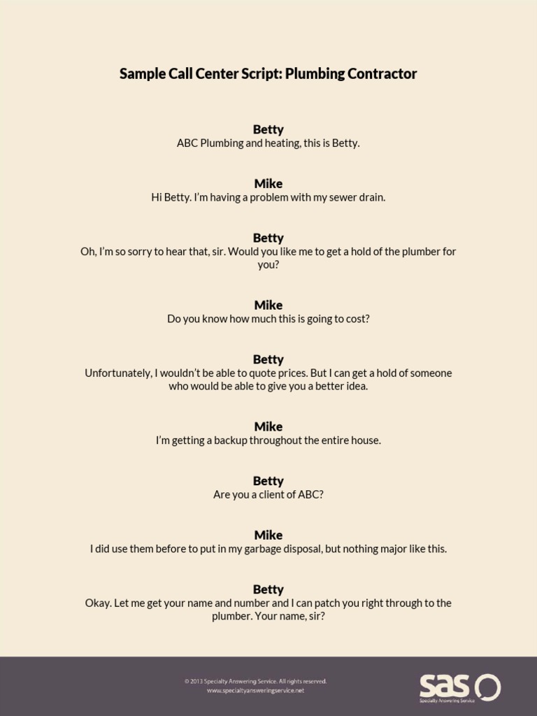 Plumbing Call Center Script Example | PDF