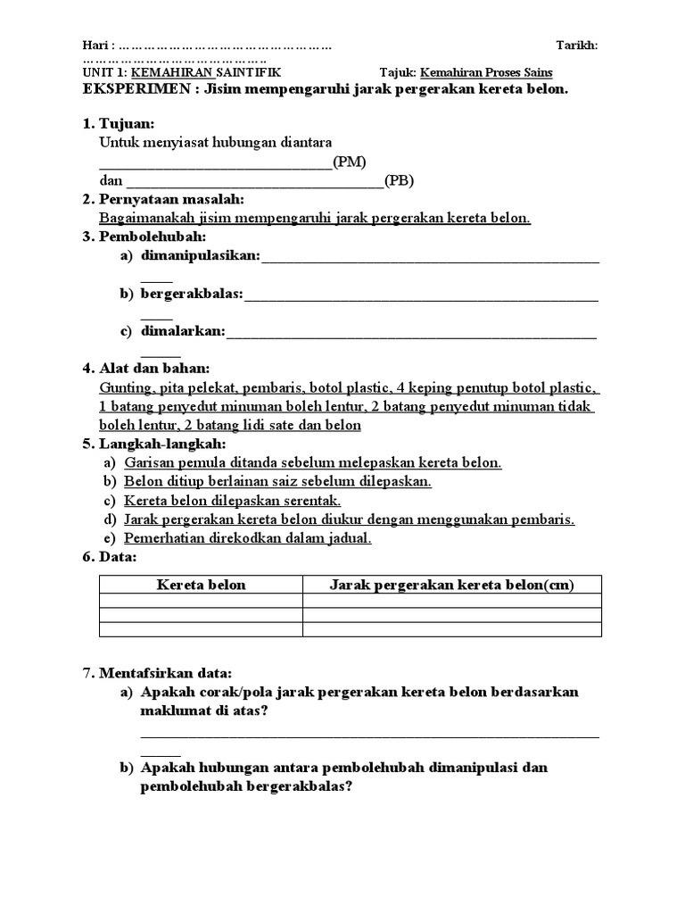 Eksperimen Unit 1 Kps Kereta Belon | PDF