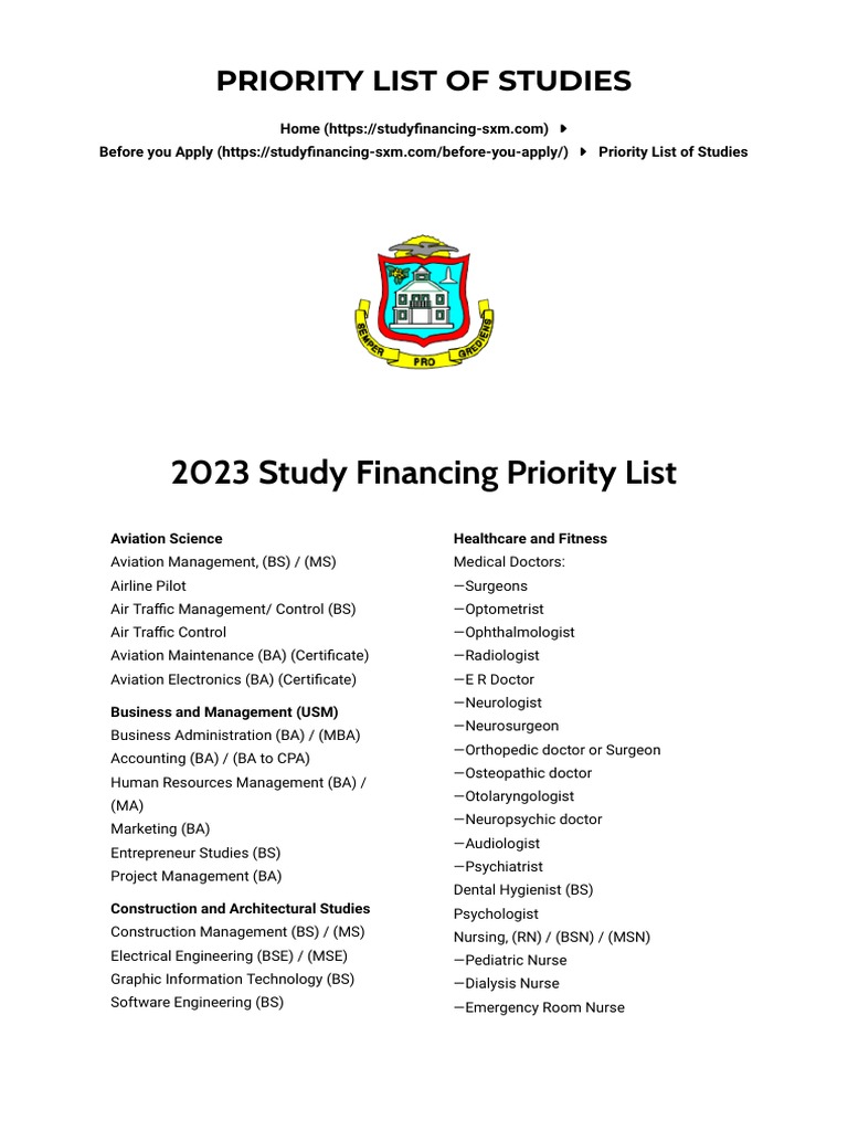 2023 Study Financing Priority List | PDF | Bachelor Of Science | Nursing