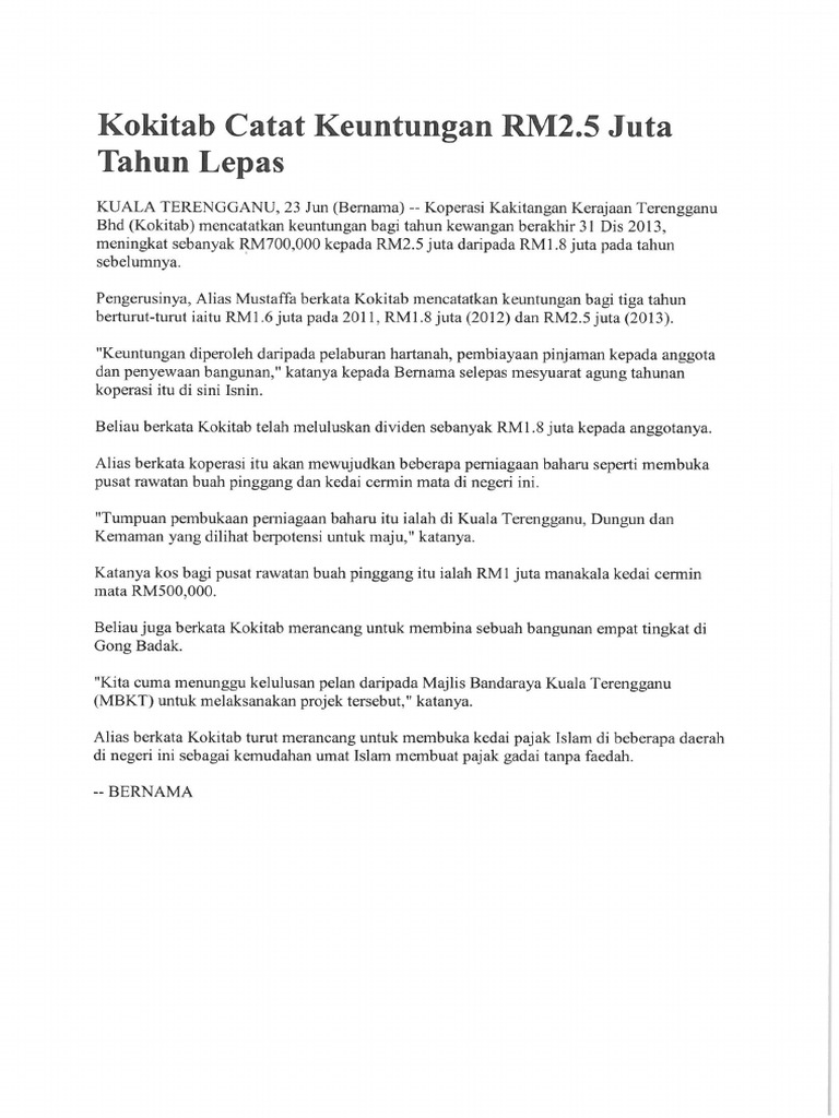 24 06 2014 Bernama Online Kokitab Catat Keuntungan RM2 5 Juta Tahun Lepas | PDF