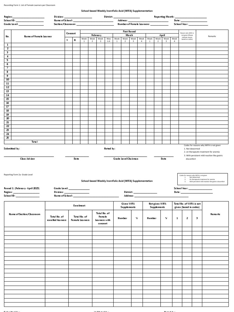 WIFA Recording Form 1 1 | PDF