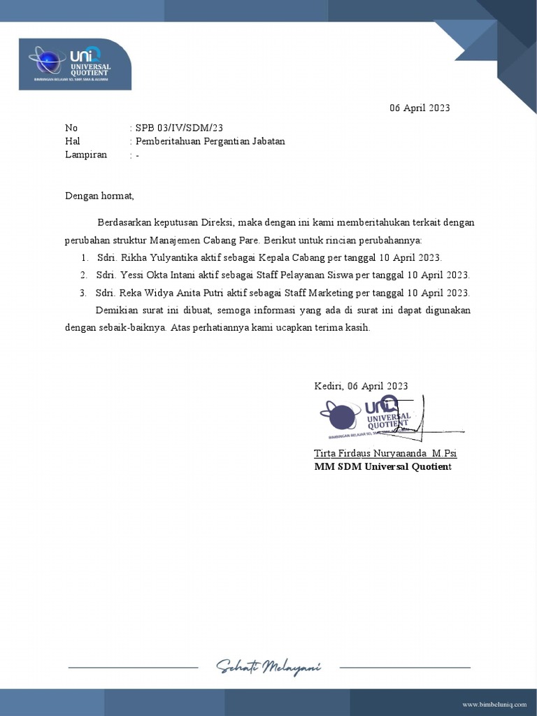 SDM SPB 2023 - IV - 03 Pemberitahuan Pergantian Jabatan | PDF