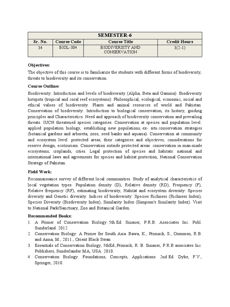 Biodiversity and Conservation Course Outline | PDF | Biodiversity ...