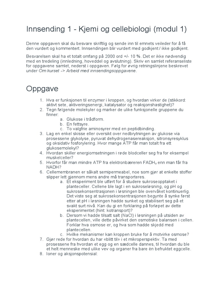 Innsending 1 - Kjemi Og Cellebiologi (Modul 1) | PDF