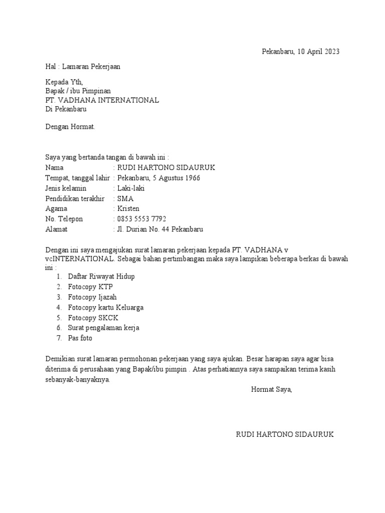 Lamaran Kerja - Docx Tifani | PDF