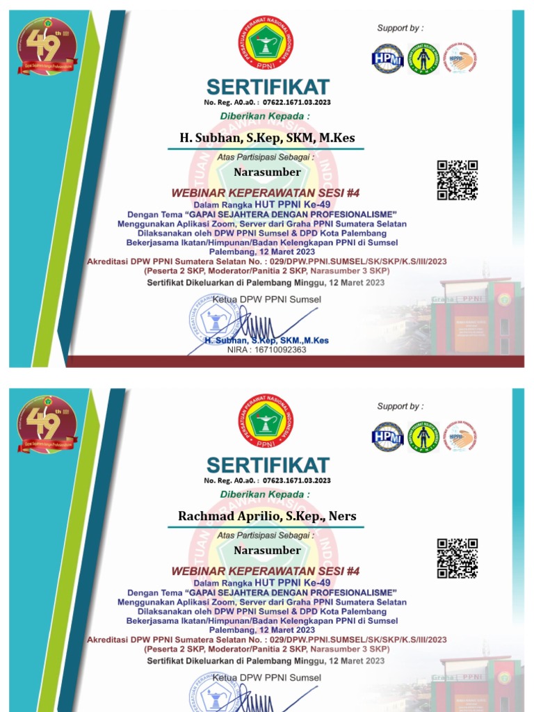 Sertifikat Webinar HUT PPNI Ke-49 DPW PPNI Sumsel Minggu 12 Maret 2023 ...