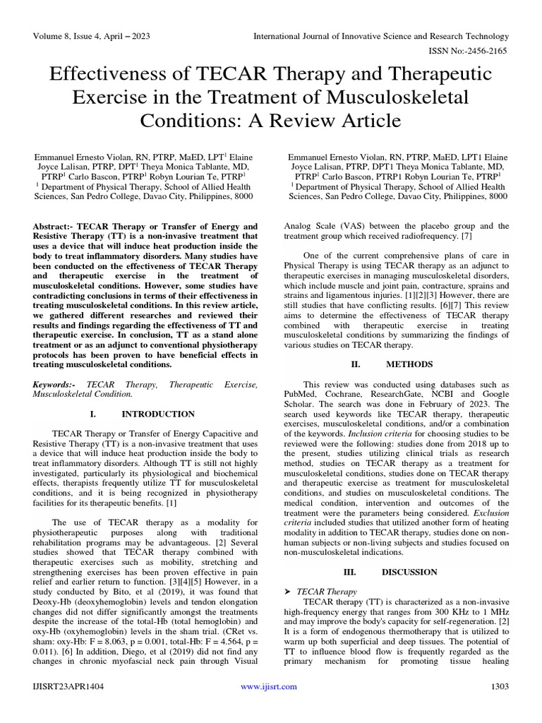 Effectiveness of TECAR Therapy and Therapeutic Exercise in The ...