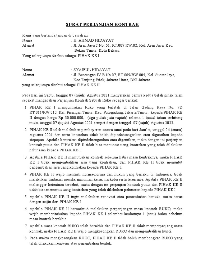 Surat Perjanjian Kontrak Ruko | PDF