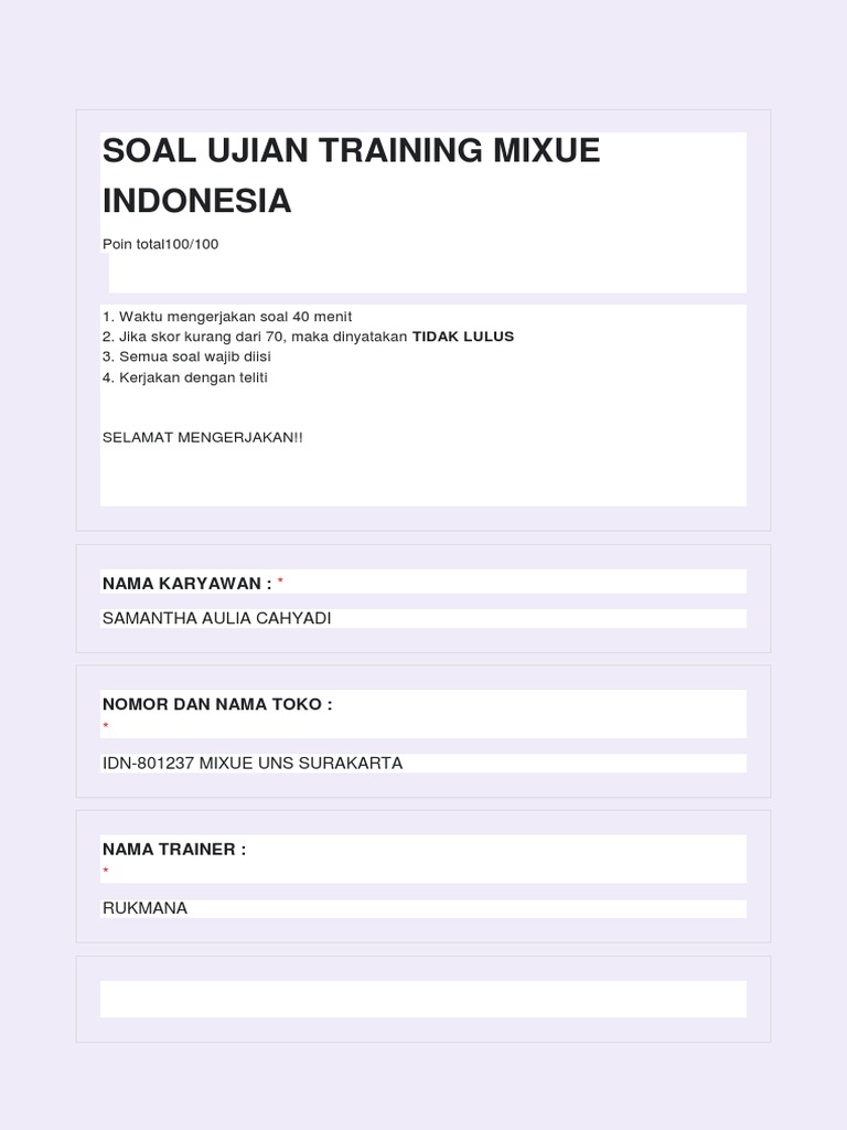 Soal Ujian Training Mixue Indonesia PDF | PDF