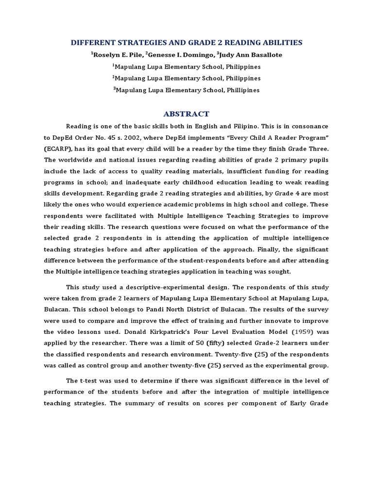 DIFFERENT STRATEGIES AND GRADE 2 READING ABILITIES Auhthored by :roselyn E. Pile, Genesse I ...