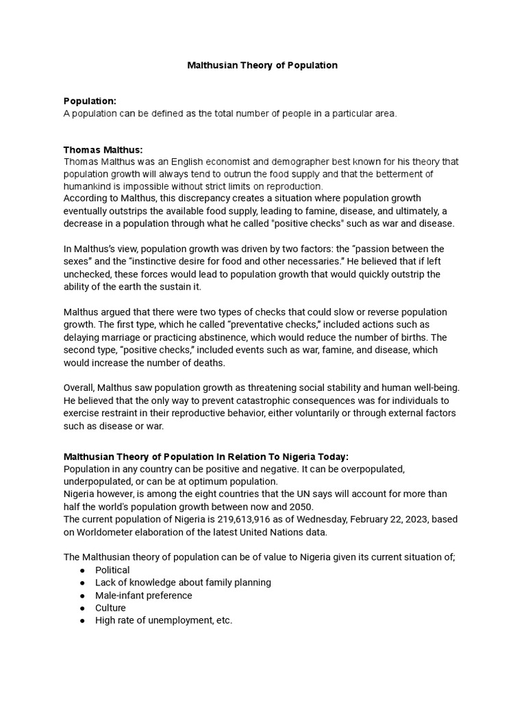 Malthusian Theory of Population PDF | PDF | World Population | Economic ...