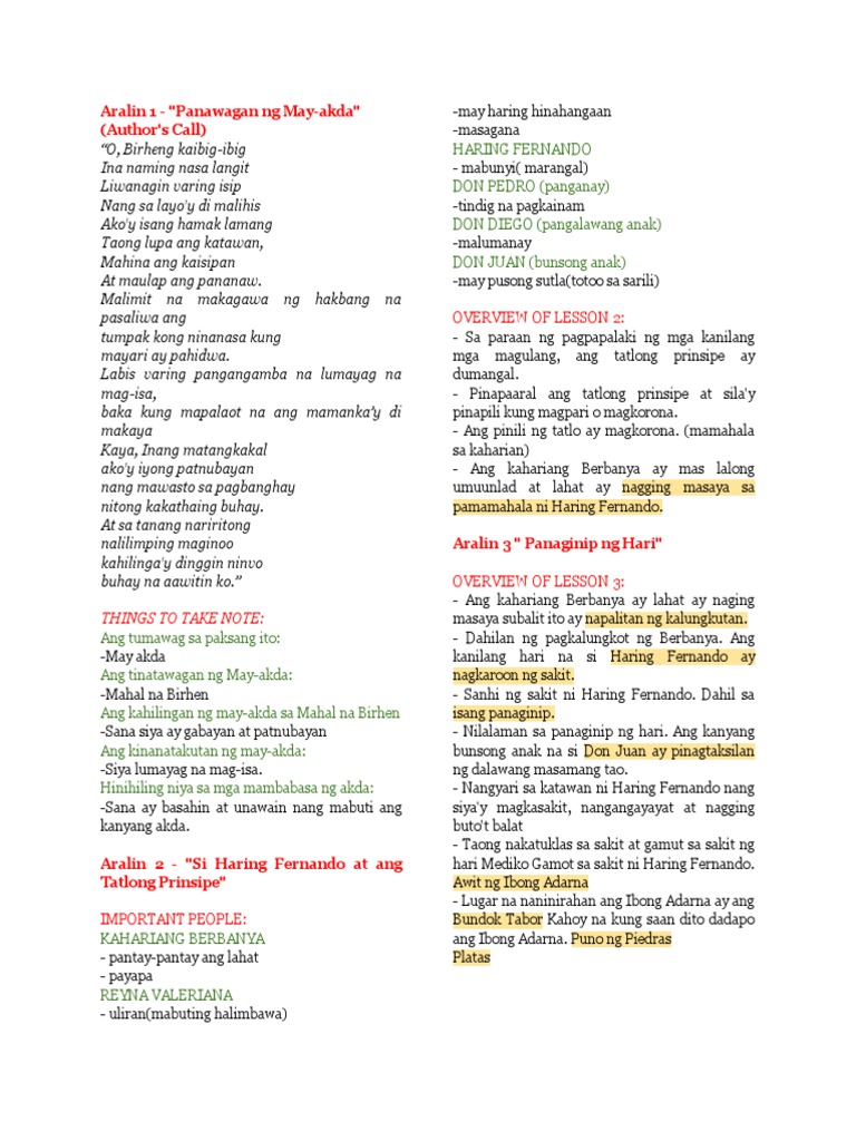 Ibong Adarna Notes | PDF