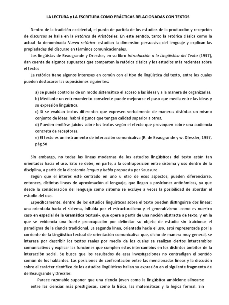LA LECTURA y LA ESCRITURA COMO PRACTICAS RELACIONADAS CON TEXTOS | PDF ...