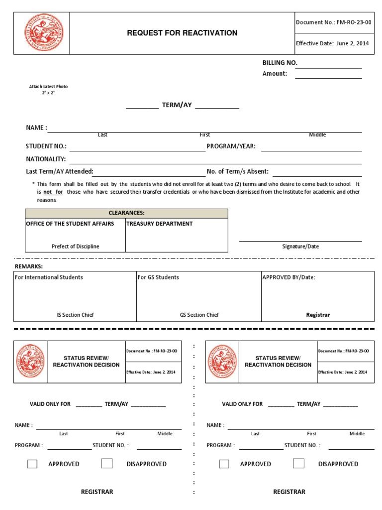 FM-RO-23-00 - Request For Reactivation PDF | PDF