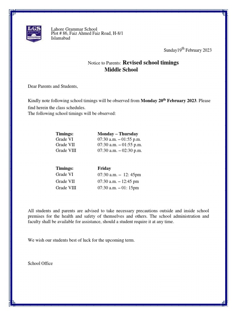 Revised Middle School Timings Notice | PDF