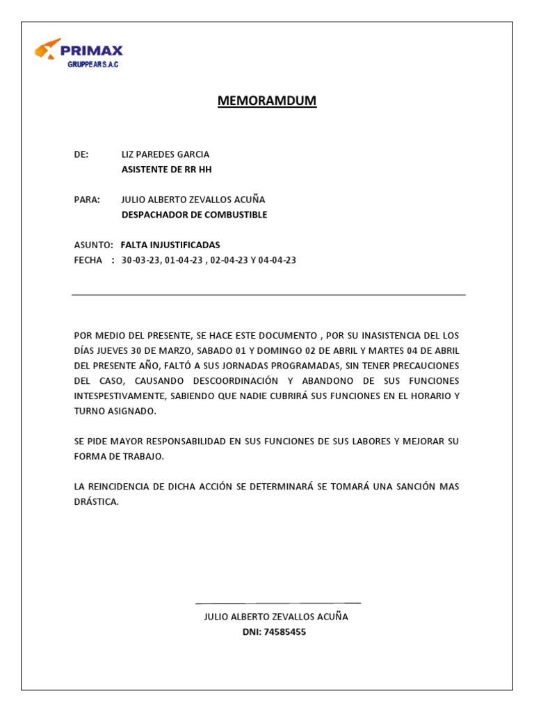 Memorándum - Falta injustificada.docx | PDF