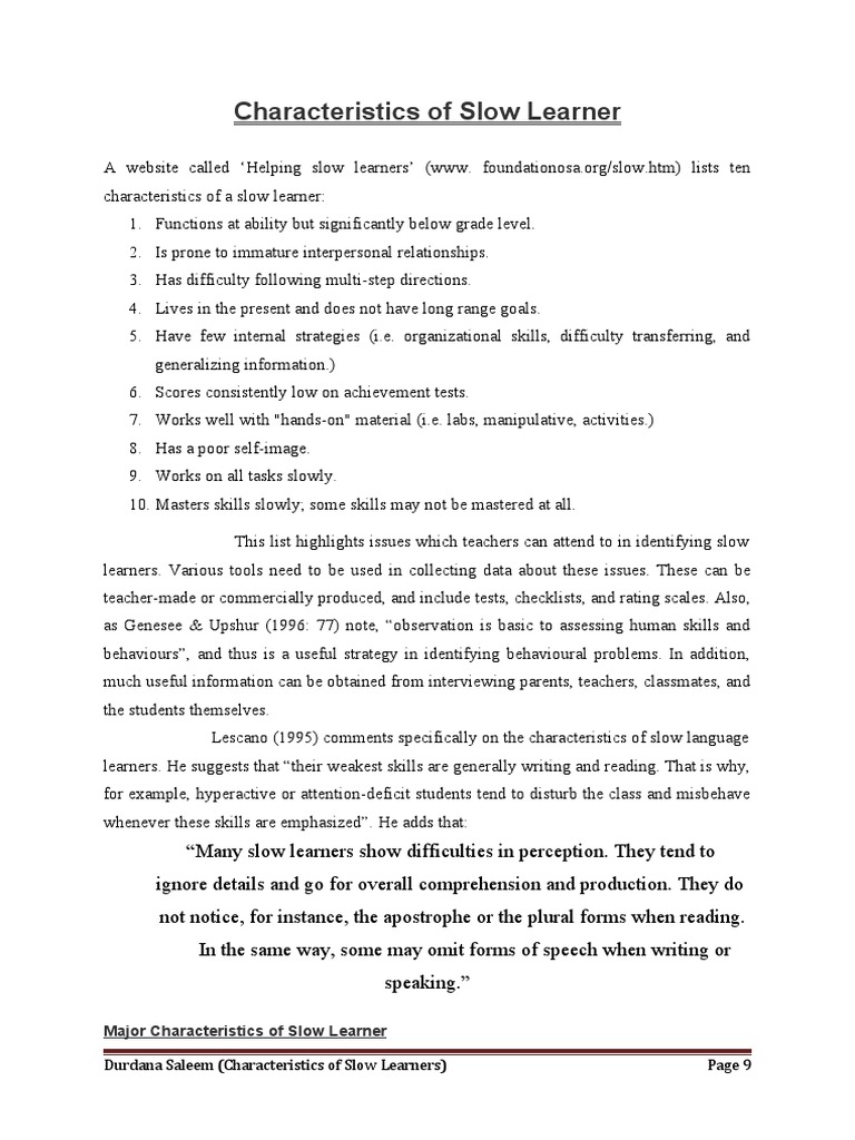 Characteristics of Slow Learner | PDF | Learning Disability | Learning