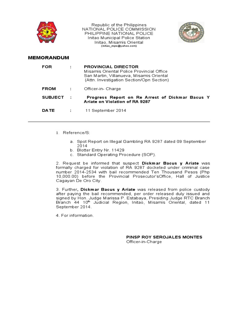 Progress Report Re Arrest of Dickmar Bacus y Ariate For Violation of RA ...