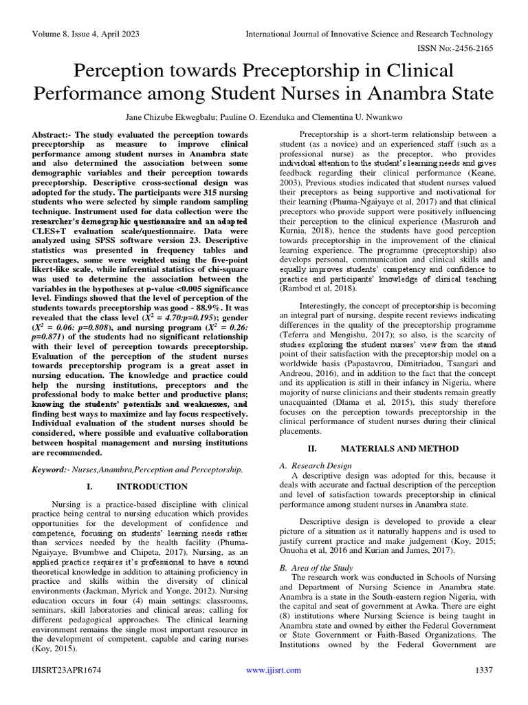 Perception Towards Preceptor Ship in Clinical Performance Among Student Nurses in Anambra State ...