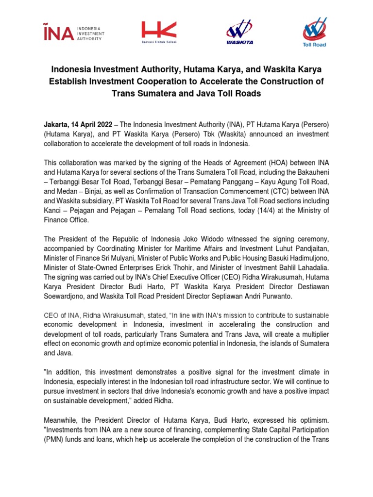 Ina HK and WSKT Establish Investment Cooperation To Accelerate Toll ...