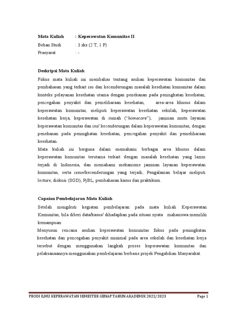 Silabus Keperawatan Komunitas II | PDF