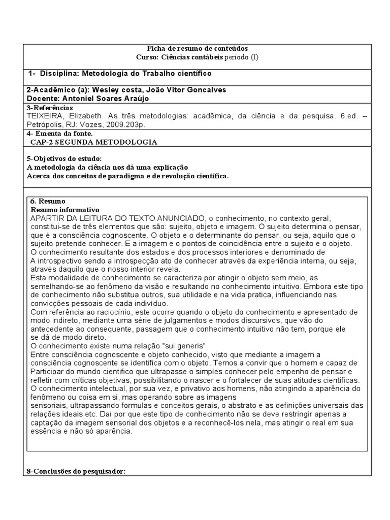 Ficha de Resumo de Conteudos | PDF