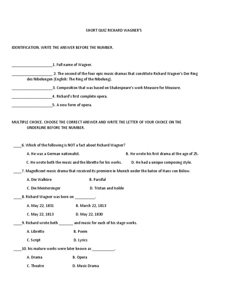 Richard Wagner Quiz: Test Your Knowledge | PDF