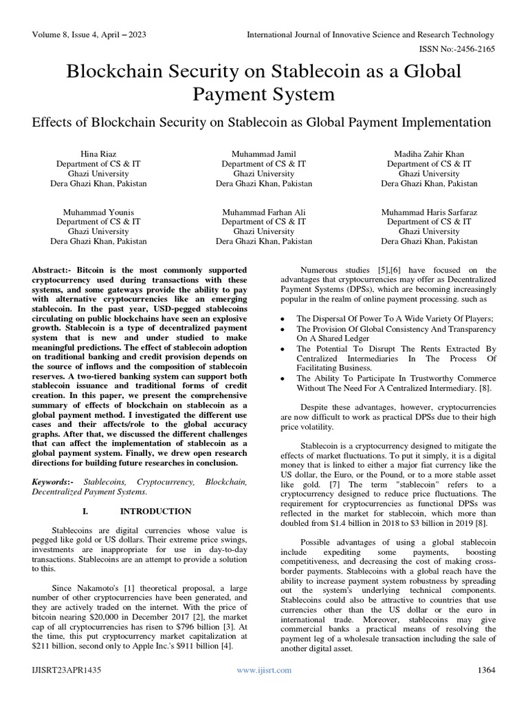 Blockchain Security On Stablecoin As A Global Payment System | PDF