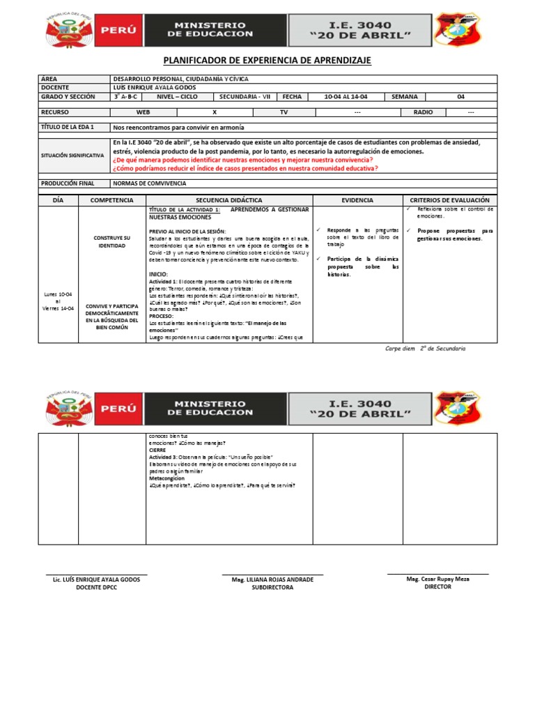 PLANIFICADOR EDA 1 - DPCC.3 SEM.4 (20 de abrilIBIM) PDF | PDF