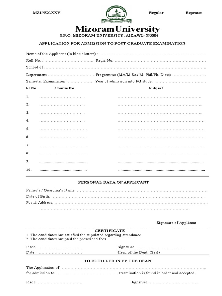 MZU Postgraduate Exam Application Form | PDF