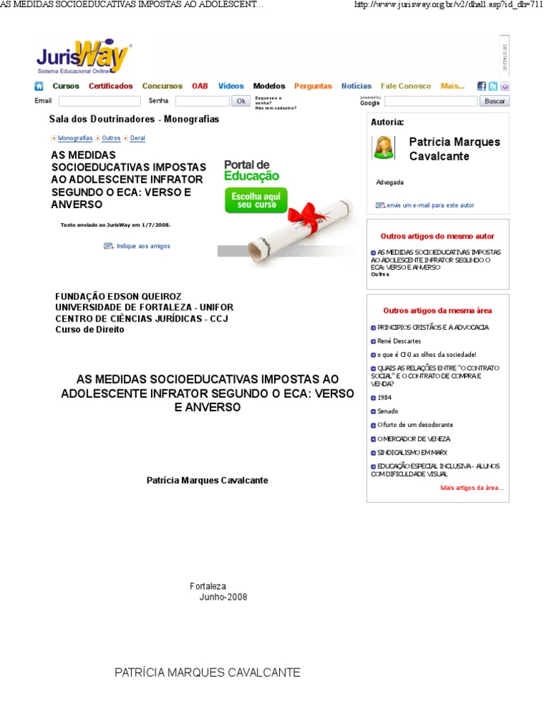 AS MEDIDAS SOCIOEDUCATIVAS IMPOSTAS AO ADOLESCENTE INFRATOR SEGUNDO O ...