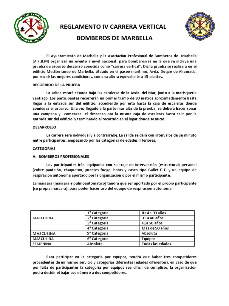 v2 Reglamento IV Carrera Vertical Bomberos de Marbella 2023 Mascara ...