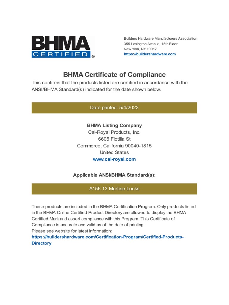 BHMA CPD Cal-RoyalProductsInc A15613MortiseLocks 5-4-2023 PDF | PDF
