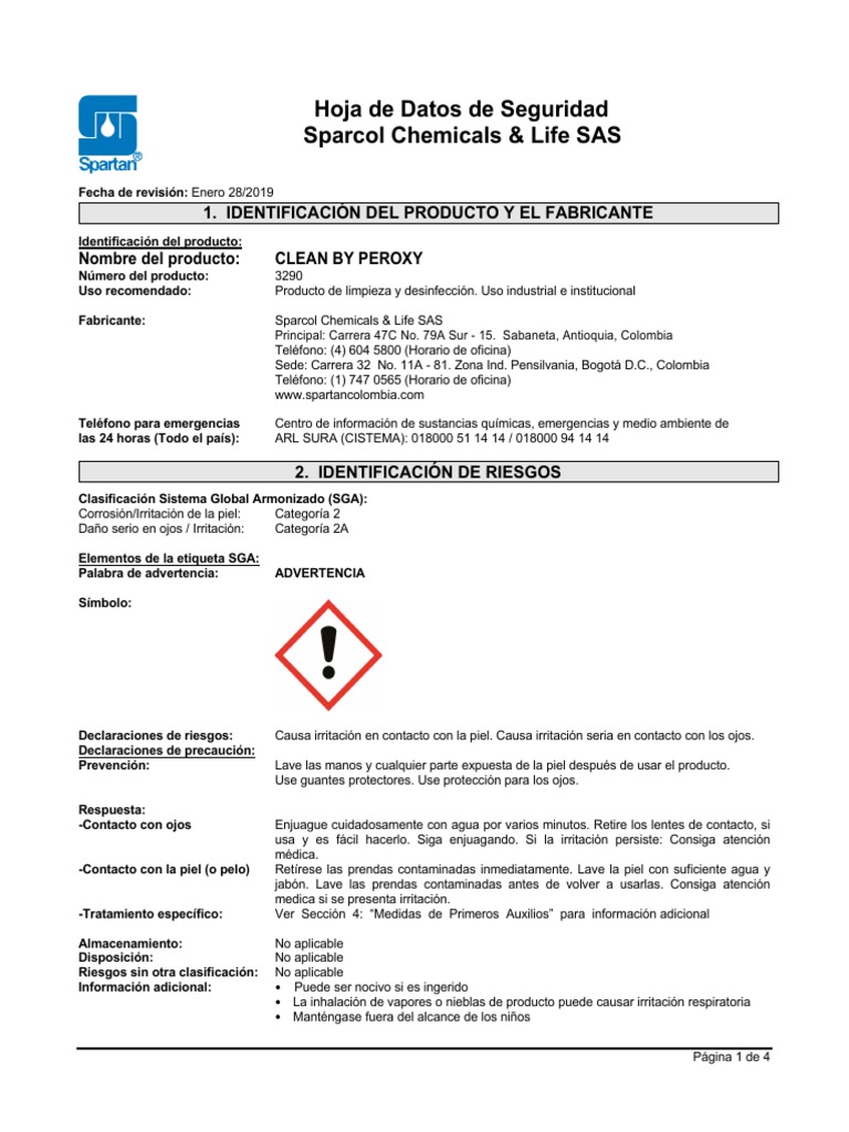 Desinfectante - Clean By Peroxy HS - SGA.pdf | PDF | Agua | Toxicidad