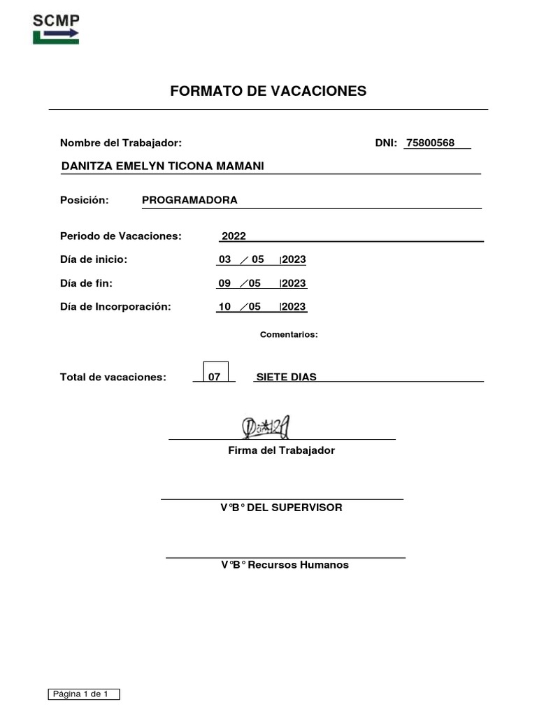 Formato de Vacaciones Mayo PDF | PDF