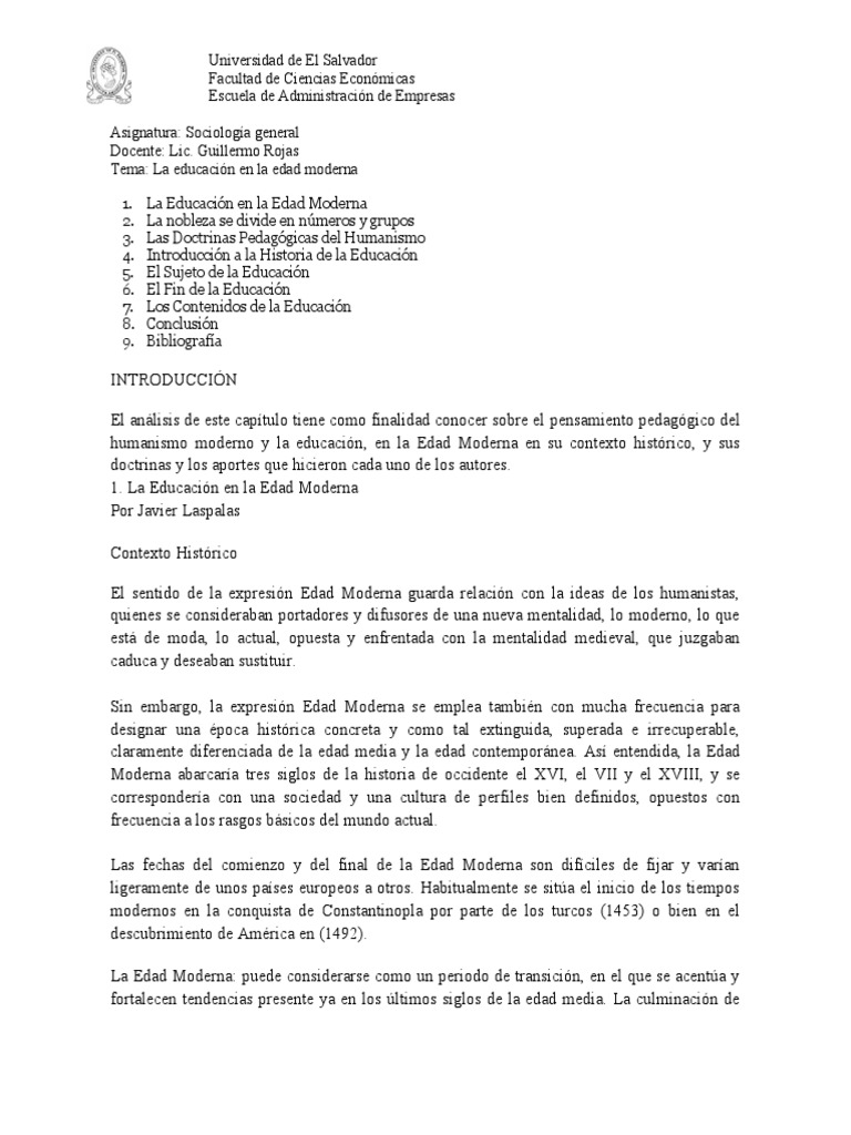 La Educación en La Edad Moderna | PDF