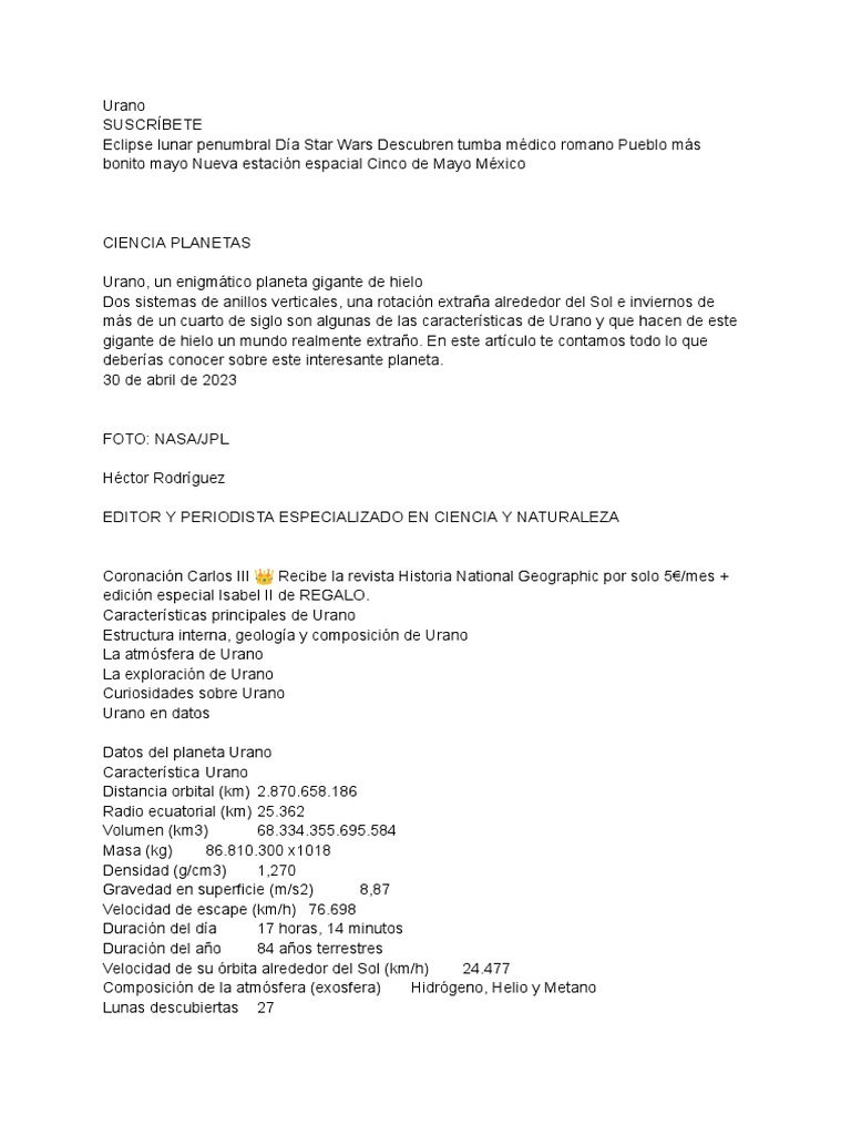 Urano: Características y Curiosidades | PDF