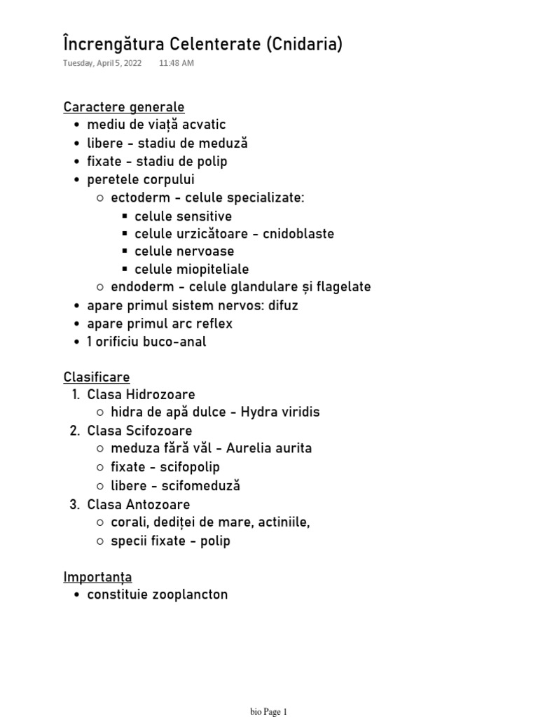 Încrengătura Celenterate (Cnidaria) PDF | PDF