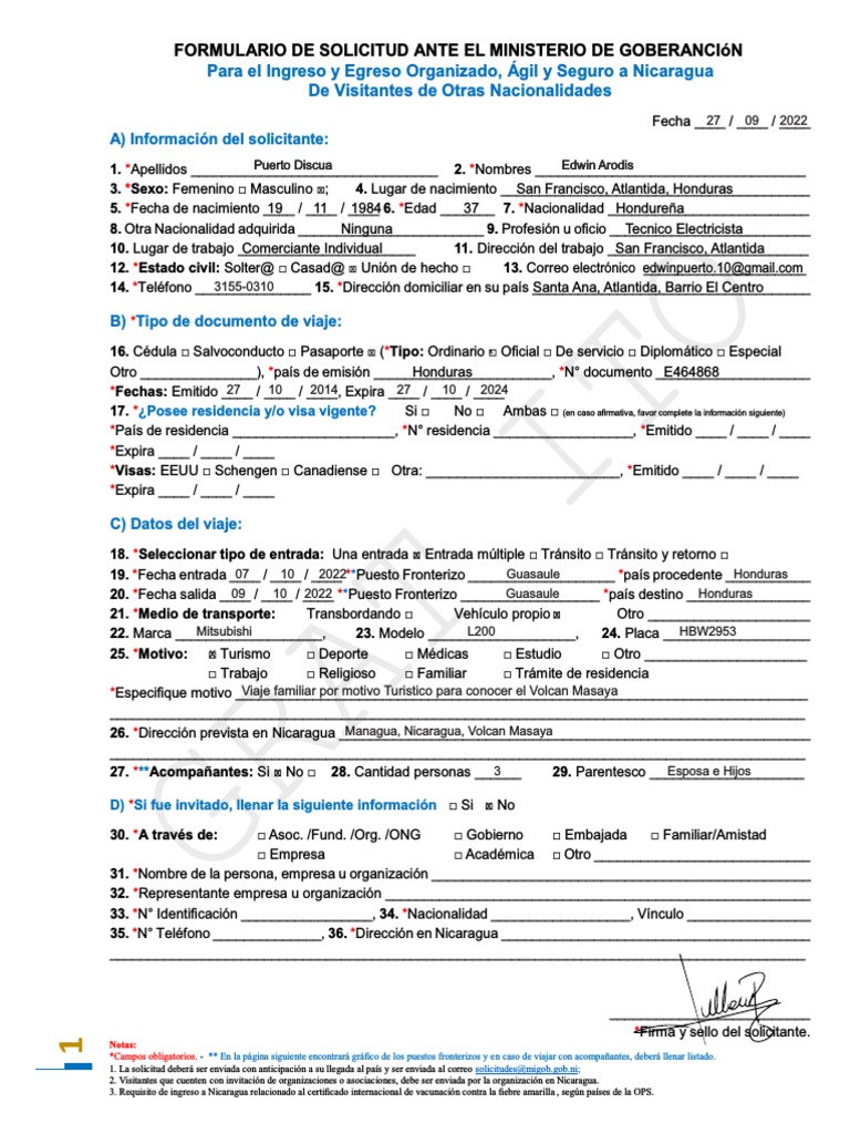 Solicitud Ingreso A Nicaragua PDF | PDF
