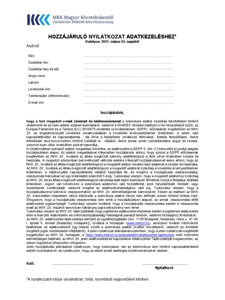 Hozzájáruló Nyilatkozat Adatkezeléshez | PDF