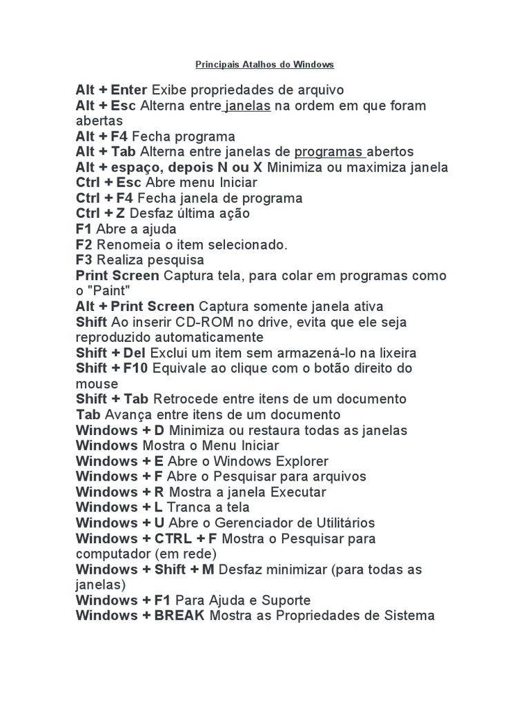 Principais Atalhos Do Windows | PDF