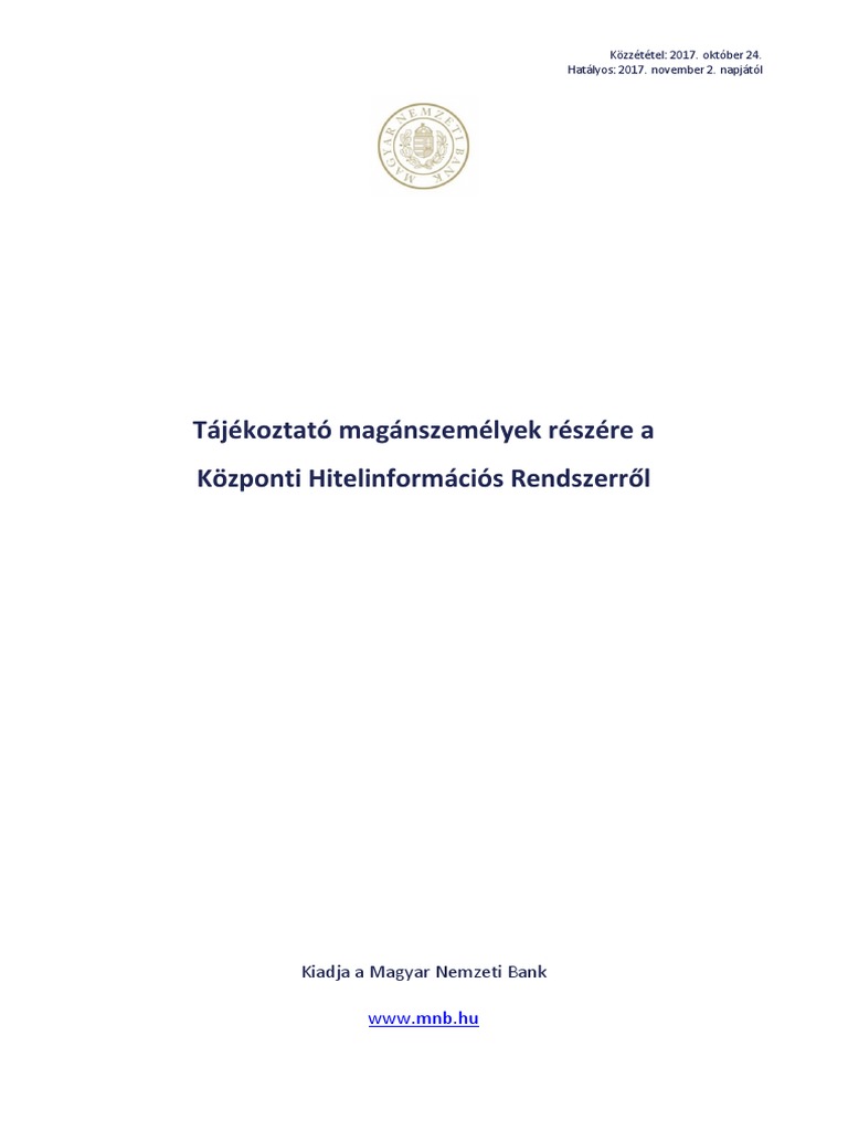 Tajekoztato Maganszemelyek Reszere A Kozponti Hitelinformacios Rendszerrol 2 PDF | PDF