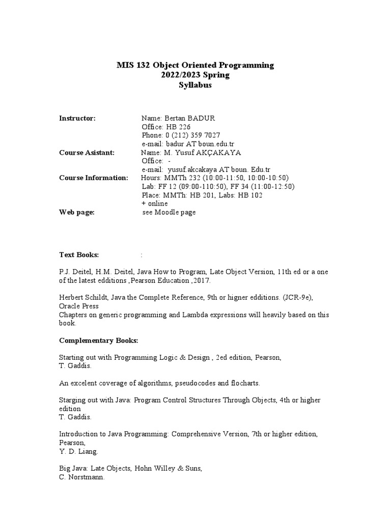 An Introduction to Object Oriented Programming in Java: Syllabus for MIS 132 Spring 2022/2023 | PDF