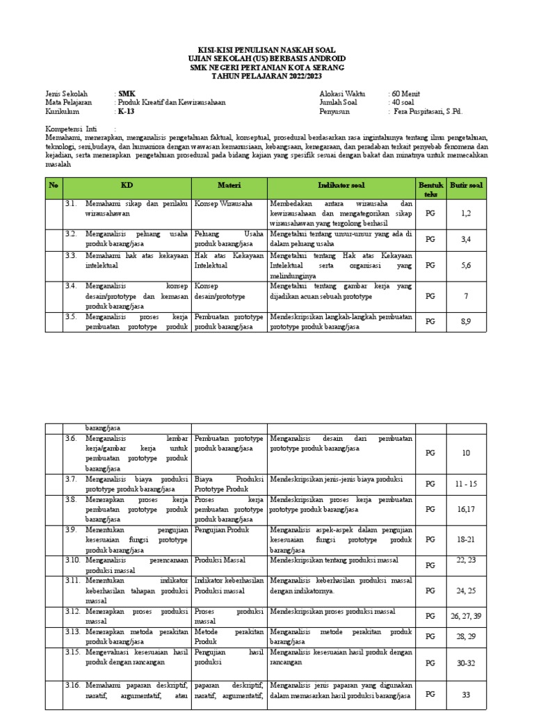Kisi-Kisi Usp PKK 2023 | PDF